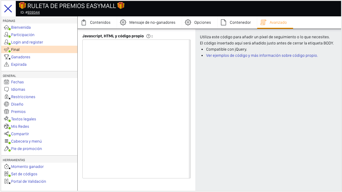Cómo Insertar Código Javascript O Html Propio En La Promoción Easypromos Centro De Soporte
