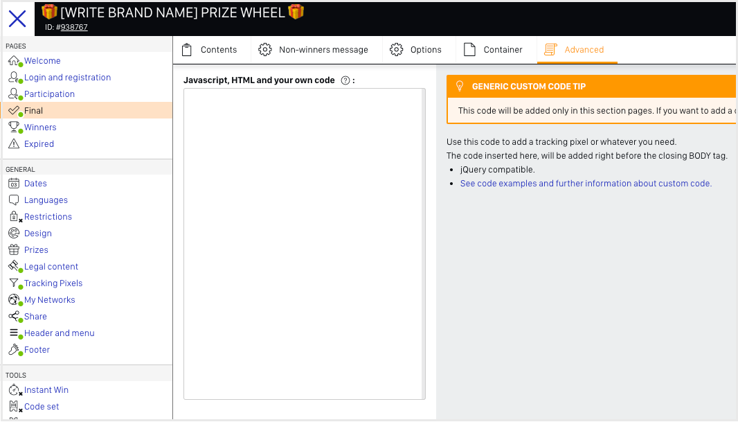 How To Insert Javascript Or Html Code In The Promotion Easypromos 7746