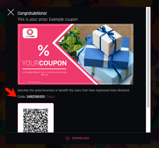 Increase The Size Of The Code Displayed In The Winner Pop up Easypromos Online Helpdesk
